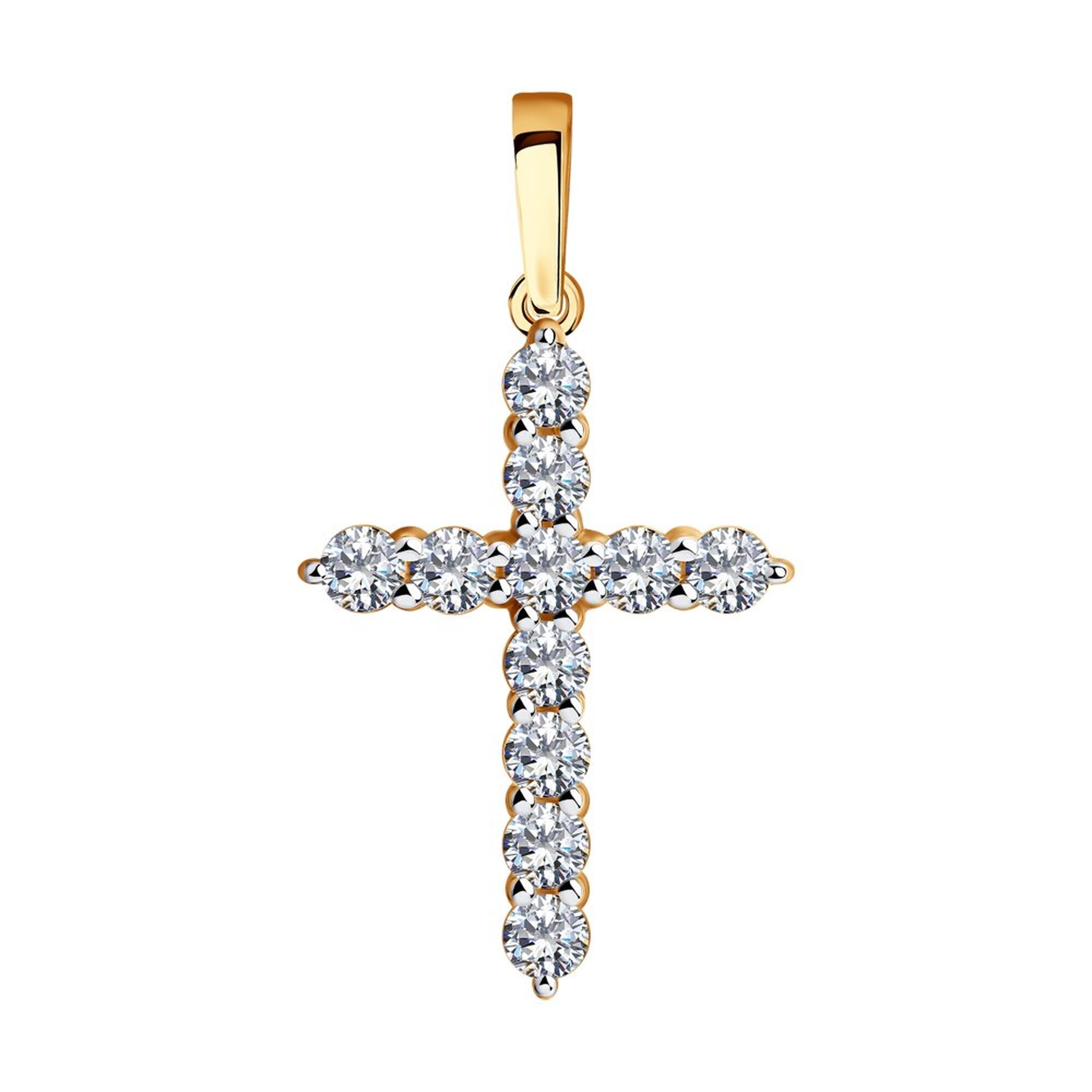 Крестик, красное золото, 585 проба, фианит