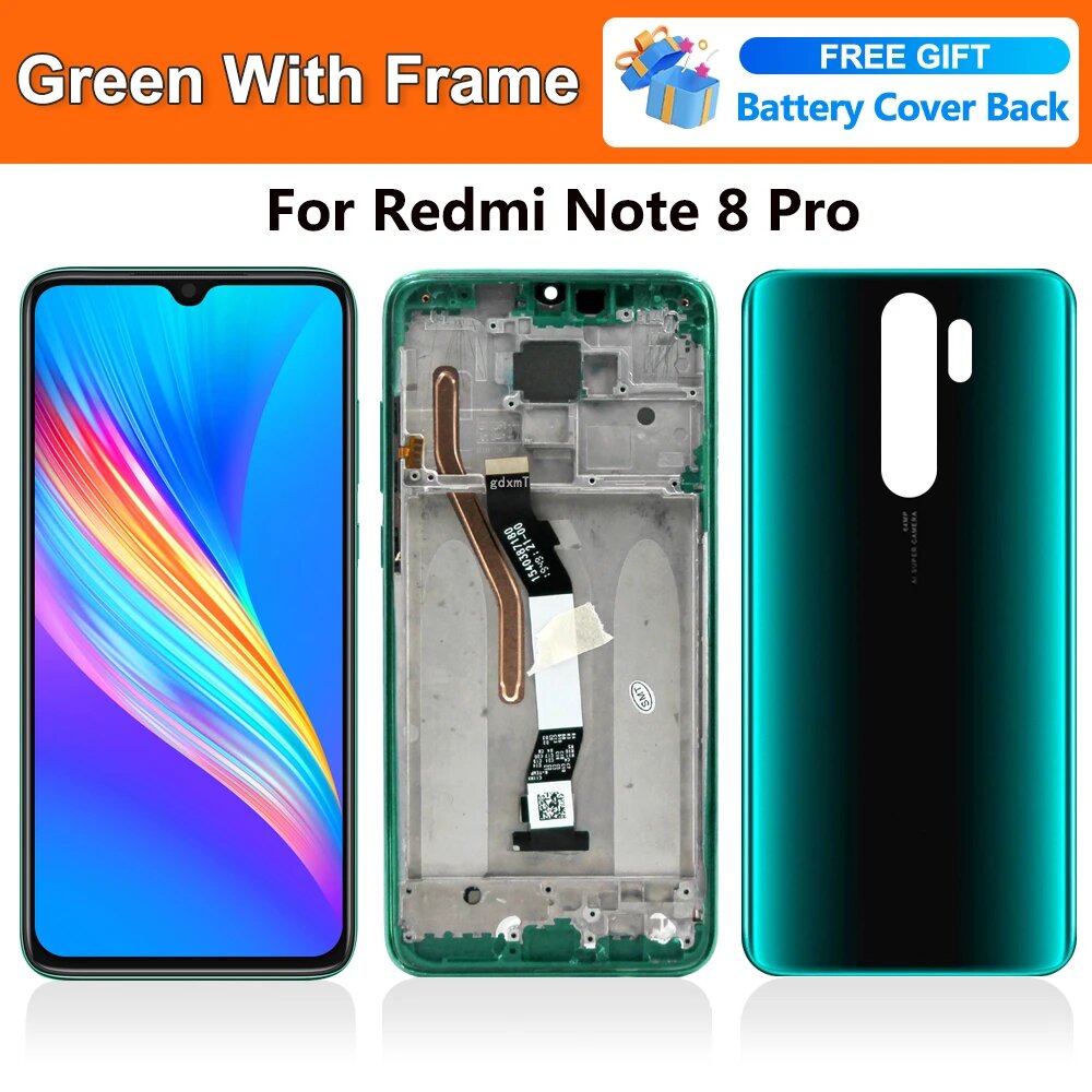 6,53 "для Xiaomi Redmi Note 8 Pro ЖК-дисплей с сенсорным экраном, для Redmi Note 8Pro M1906G7I Замена ЖК-дисплея, с рамкой Green Frame Cover