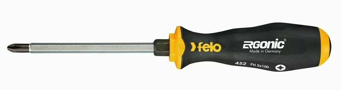 Отвертка усиленная с крестообразным шлицем (Phillips), трехкомпонентная рукоятка, ударопрочный колпачок, PH2Х100, FELO