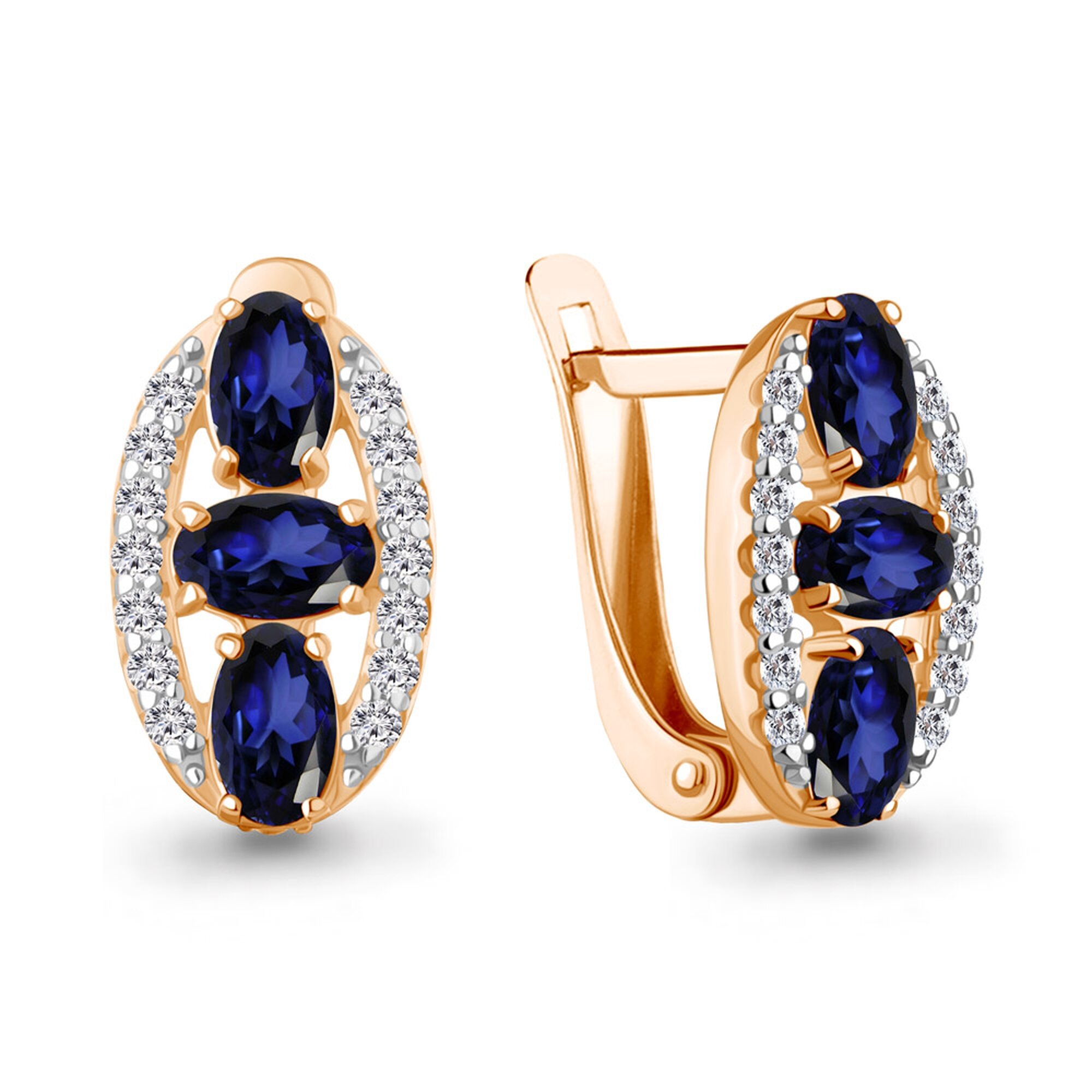 Серьги, серебро, 925 проба, золочение, фианит, сапфир синтетический