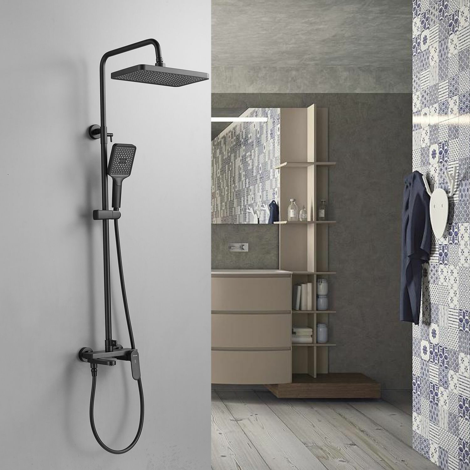 Душевая система Shevanik с верхним тропическим душем и ручной лейкой, черная