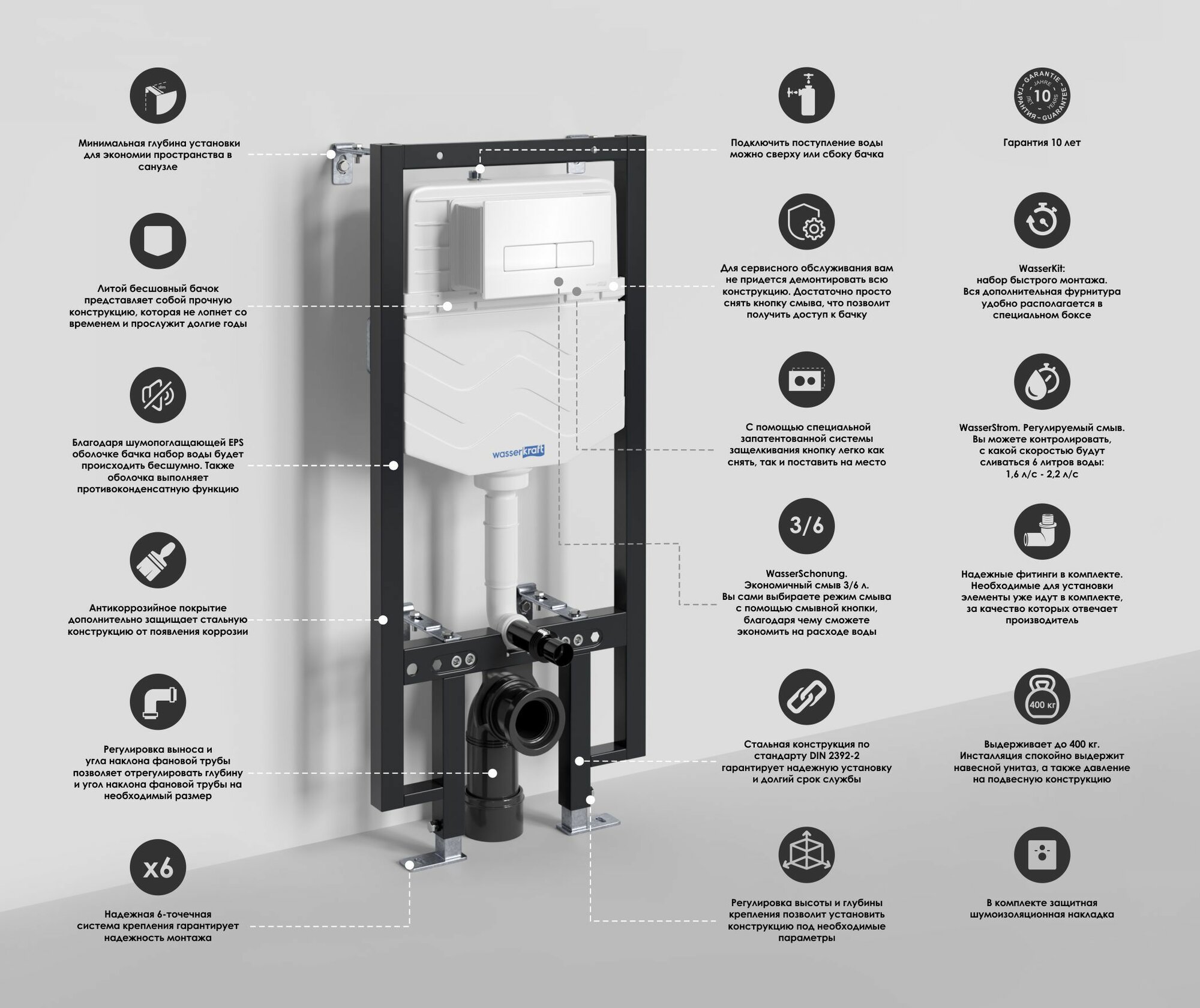 Инсталляция для унитаза с белой кнопкой Vils 56TLT.010. ME. WH03 WasserKRAFT