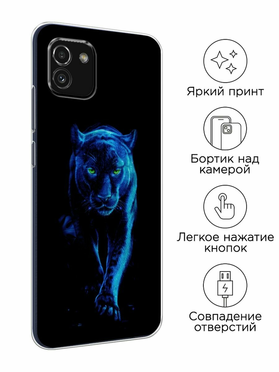 Чехол на Samsung Galaxy A03 / Самсунг Галакси А03 с принтом "Пантера в лунном свете" — фото 1