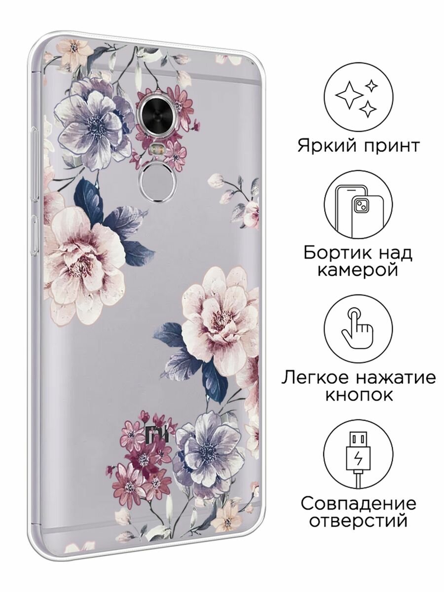 Чехол на Xiaomi Redmi Note 4 (MediaTek) / Сяоми Редми Ноут 4 (MediaTek) с принтом "Нежные винтажные цветы", прозрачный — фото 1