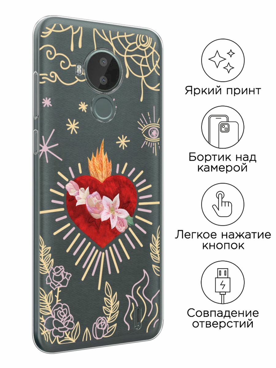 Чехол на Nokia C30 / Нокия C30 с принтом "Сердце в цветах", прозрачный — фото 1