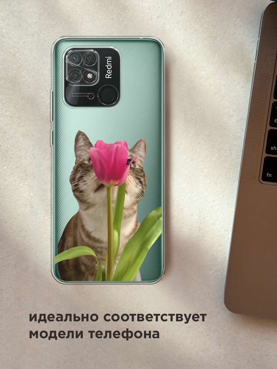 Чехол на Xiaomi Redmi 10C / Сяоми Редми 10C с принтом "Кот с тюльпаном - 8 марта", прозрачный — фото 1