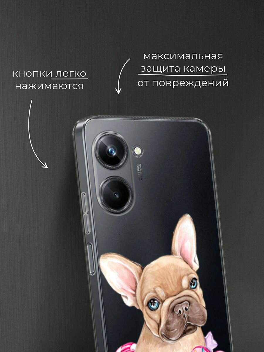 Чехол на Realme 10 Pro / Реалми 10 Про с принтом "Бульдог и сладости", прозрачный — фото 1