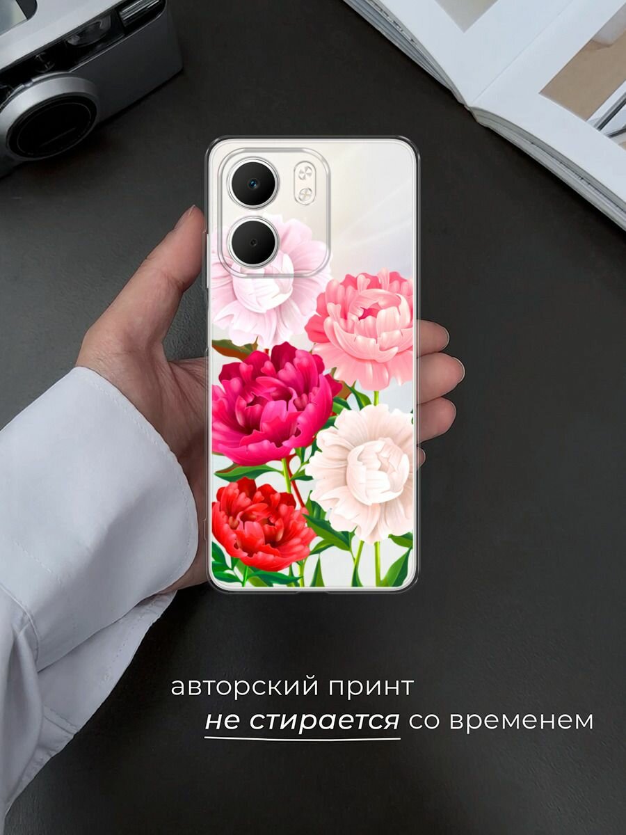 Чехол на Oppo A5x / Оппо А5x с принтом "Большие пионы", прозрачный — фото 1