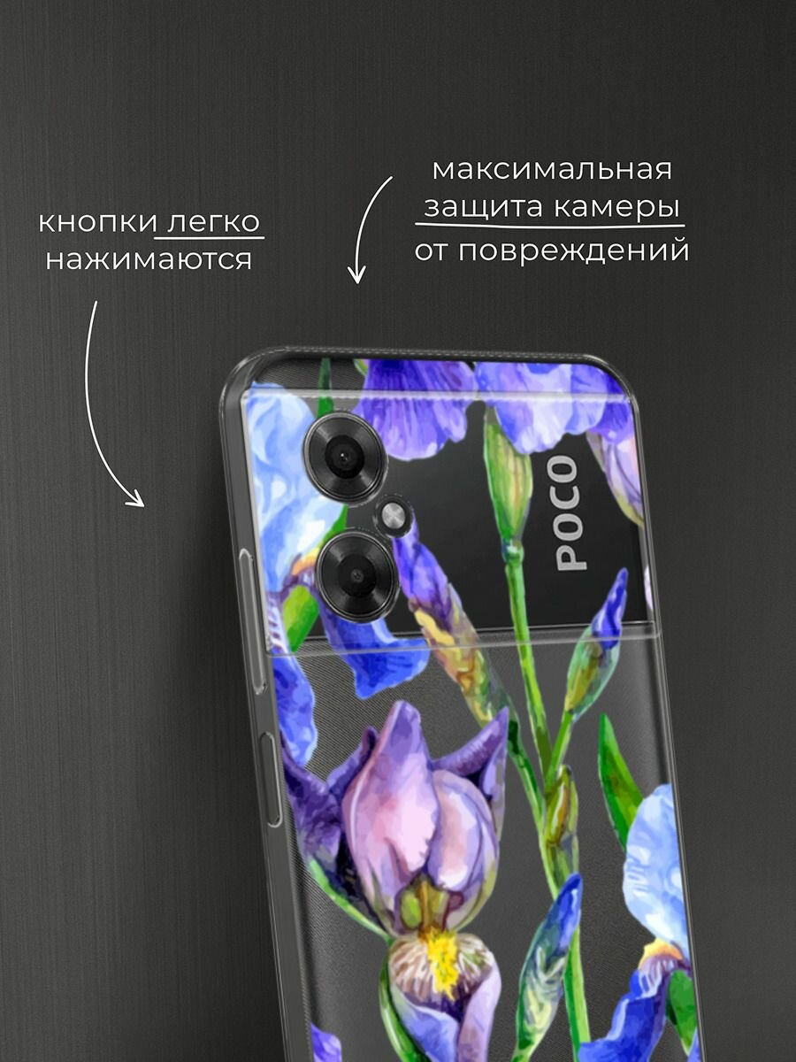 Чехол на Xiaomi Poco M4 5G / Сяоми Поко M4 5G с принтом "Синие ирисы", прозрачный — фото 1
