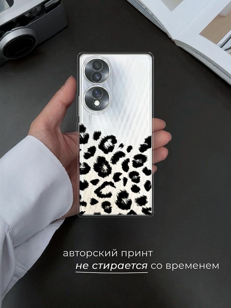 Чехол на Honor 70 / Хонор 70 с принтом "Окрас леопарда фон черный", прозрачный — фото 1