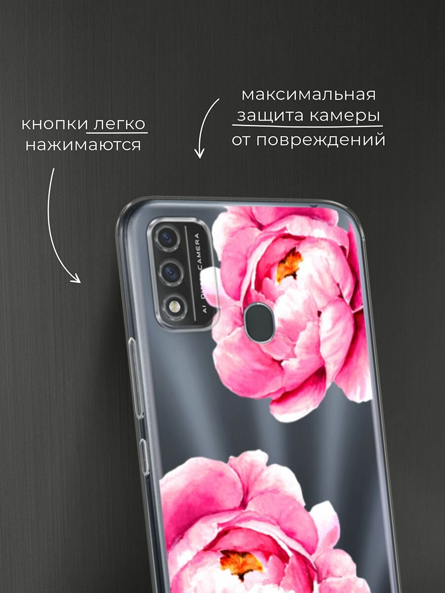 Чехол на Itel A48 / Ител А48 с принтом "Open peonies", прозрачный — фото 1