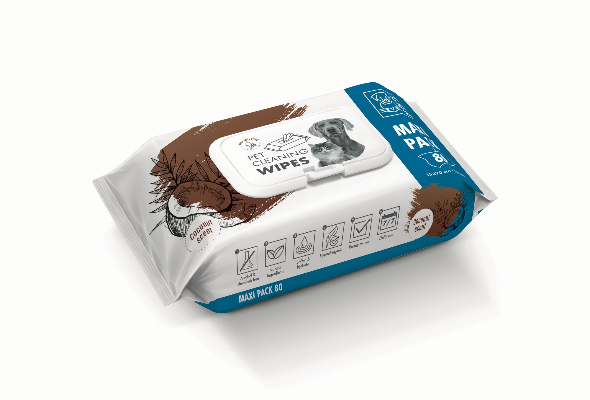 Влажные салфетки M-Pets, для шерсти и кожи, c ароматом кокоса, без парабенов, 20х15 см