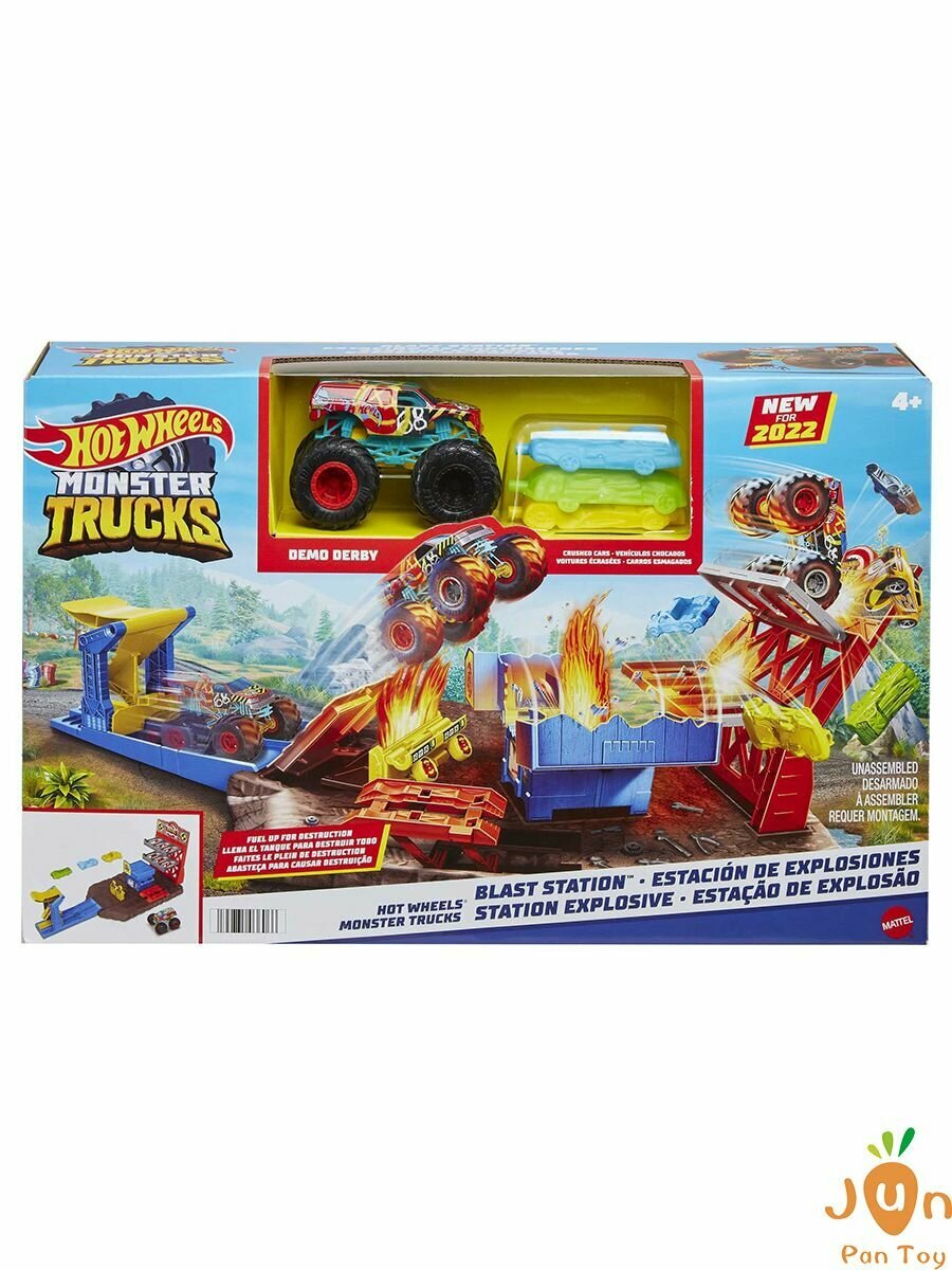 Hot Wheels Monster Trucks Blast Station / Детский набор Hot Wheels с взрывающимся треком, машинками масштаба 1:64 и аксессуарами - отличный подарок на день рождения.