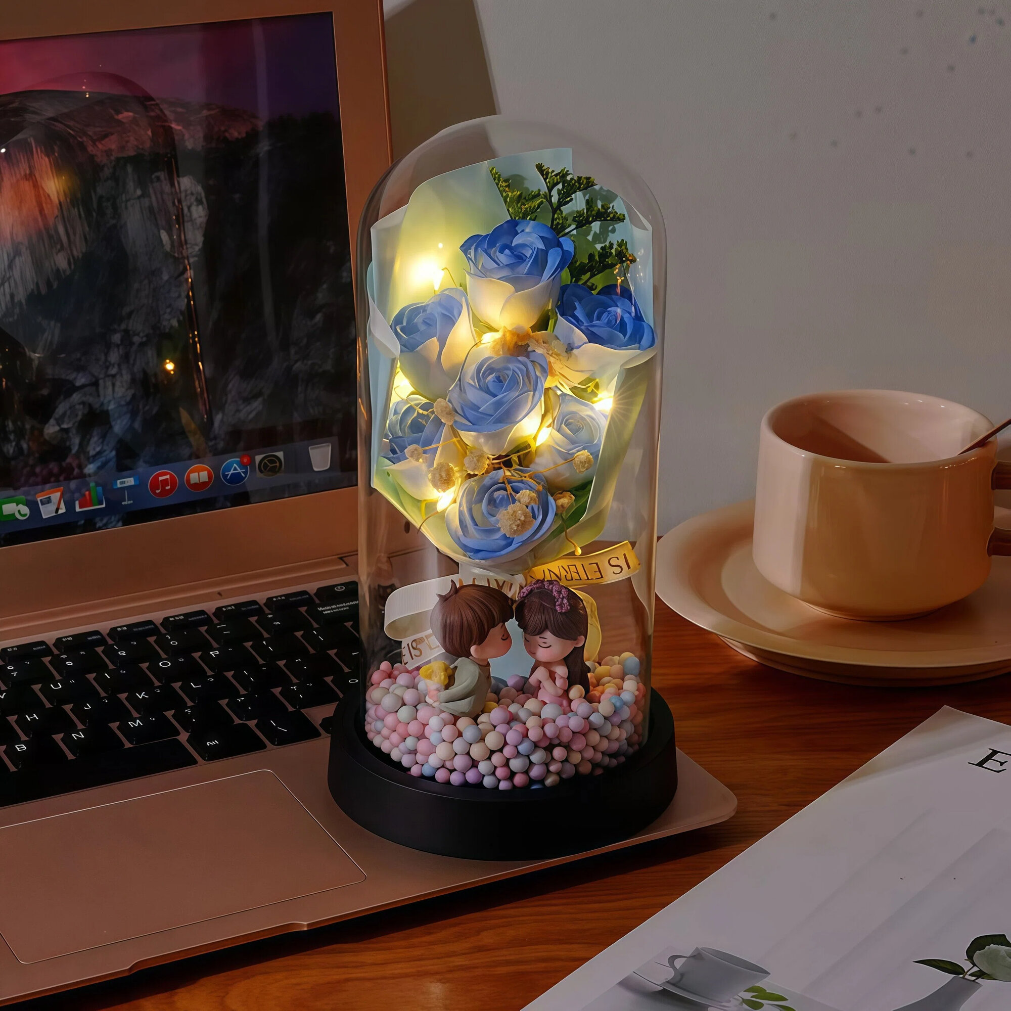 Вечный цветок Букет роз Стеклянная крышка Ночник Украшение Танабата Подарок на День Святого Валентина