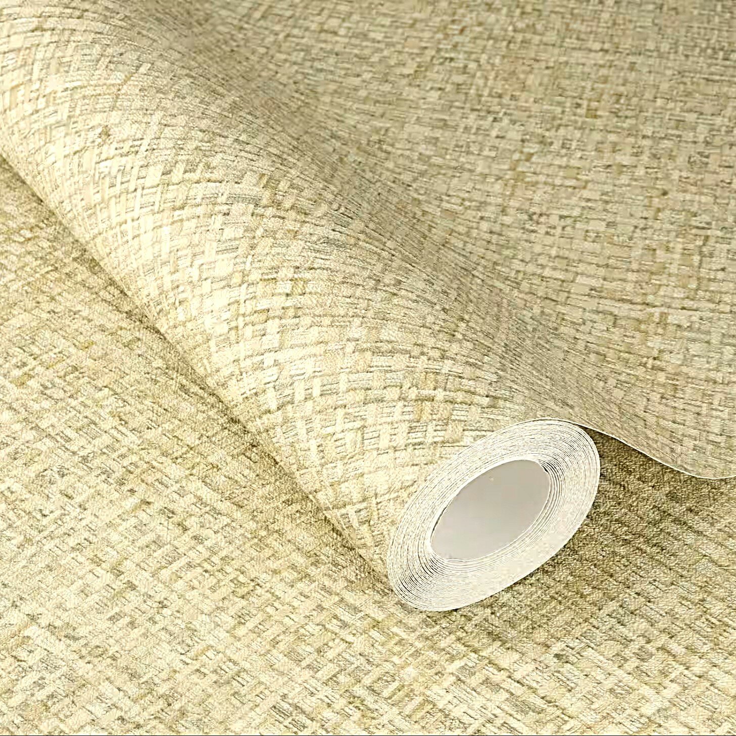 Обои флизелиновые Раш (Rasch) . Метровые матовые, с рисунком мешковины, зелено-желтый