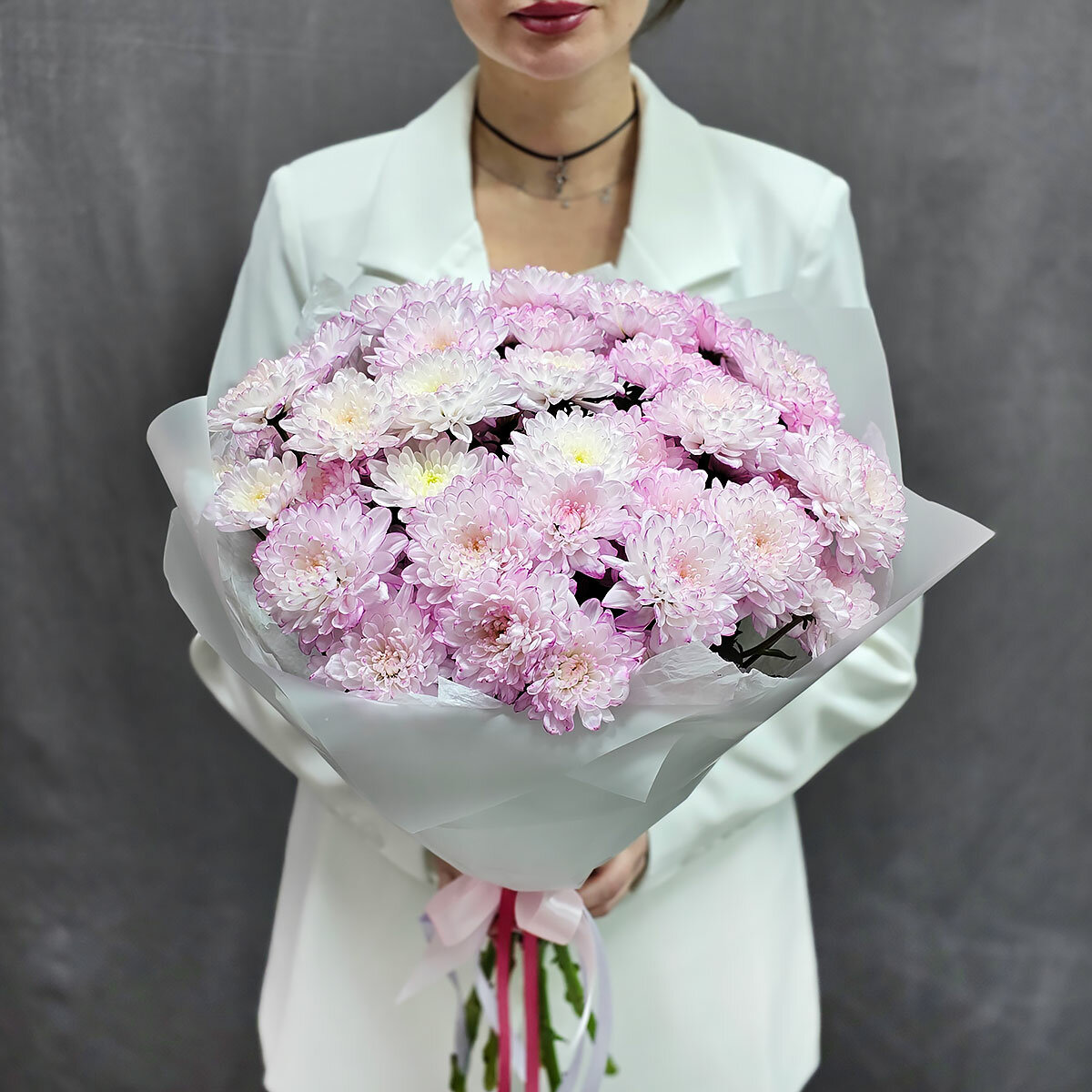 Монобукет Талисман Флора, розовые хризантемы, высота 45см, 9 шт