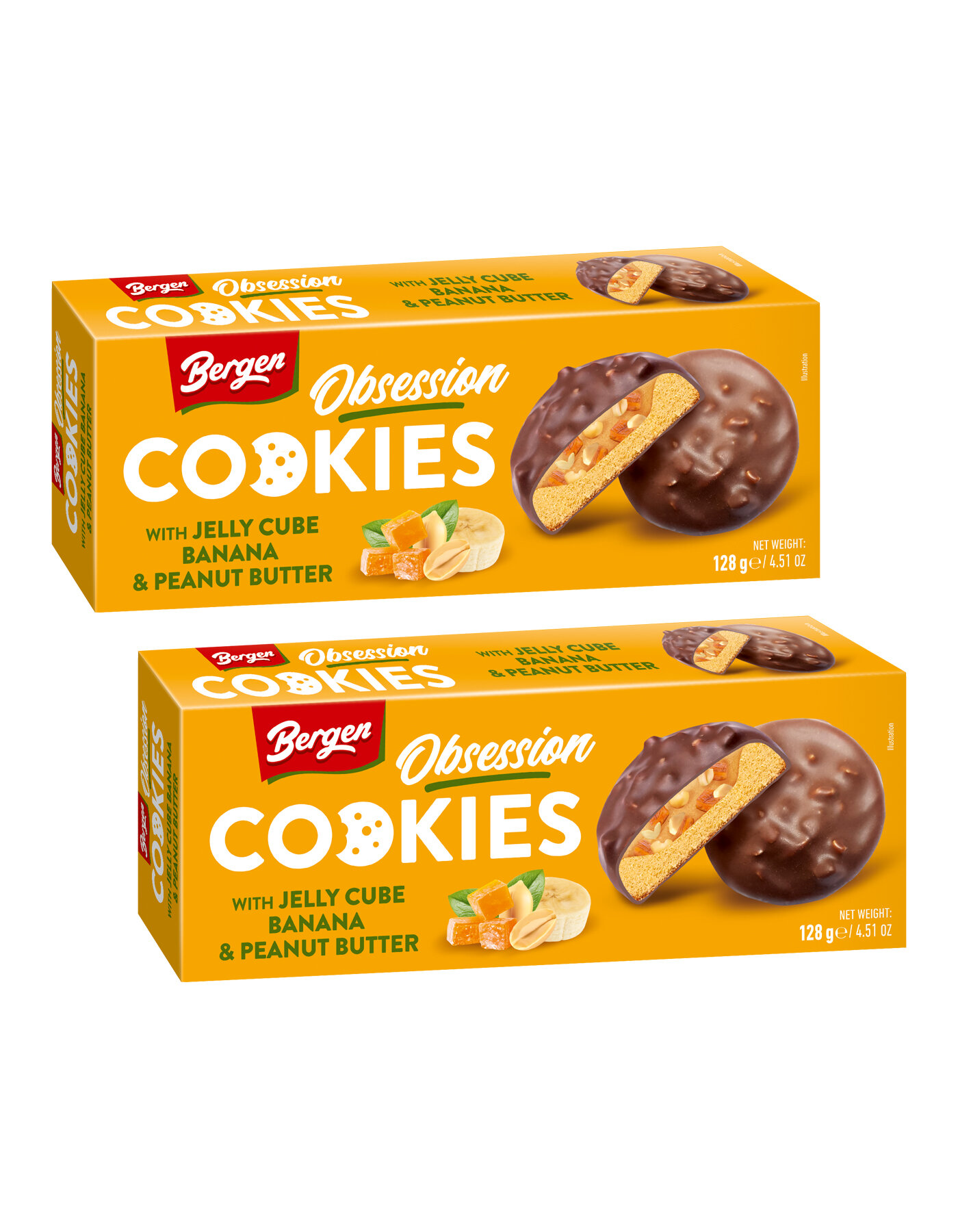 Печенье BERGEN "Obsession" с кусочками желе со вкусом банана и арахисовым кремом, покрытое молочным шоколадом,128г х 2шт