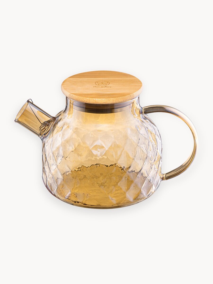 Чайник заварочный стеклянный 1 л Elan Gallery Crystal glass, золотистый, с ситом, с бамбуковой крышкой