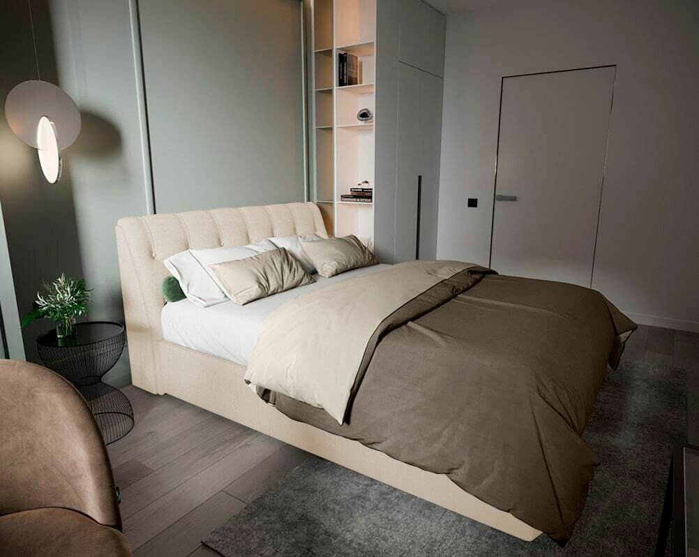 Двуспальная кровать 160x200, Ariel, с мягким изголовьем, с ящиком, велюр, слоновая кость