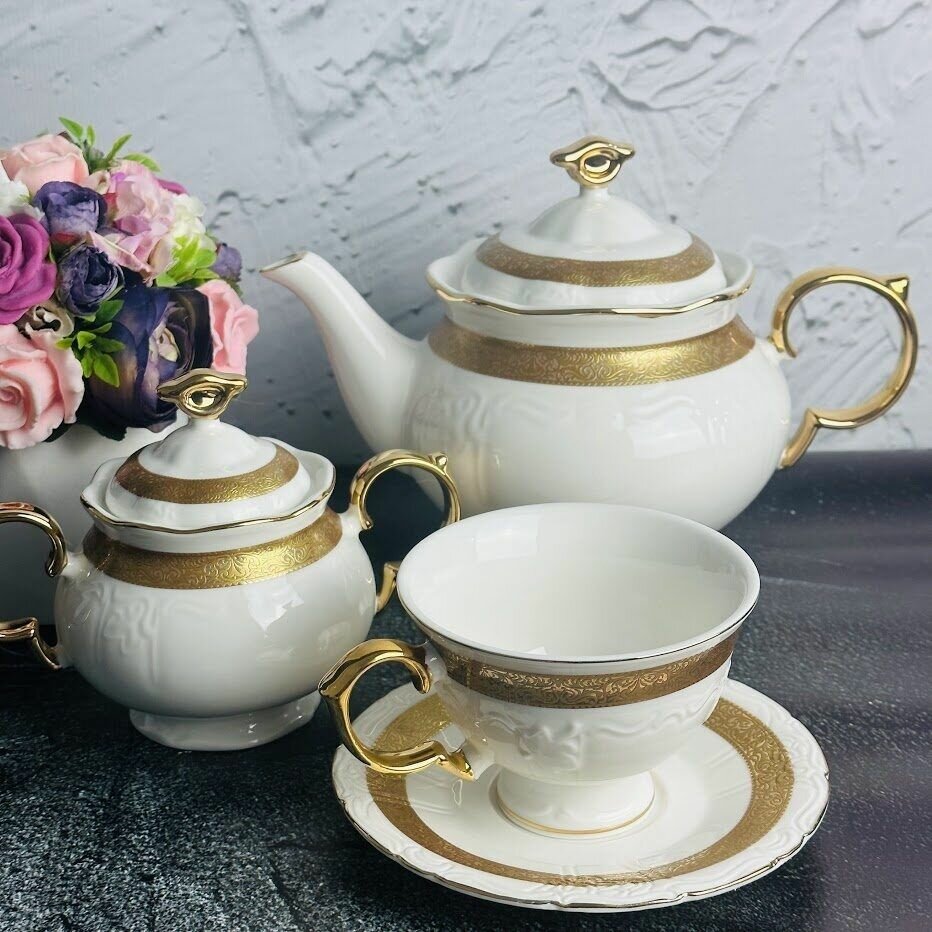 Чайный сервиз на 6 персон 14 предметов Lenardi чайник, чашки, блюдца, сахарница, фарфор