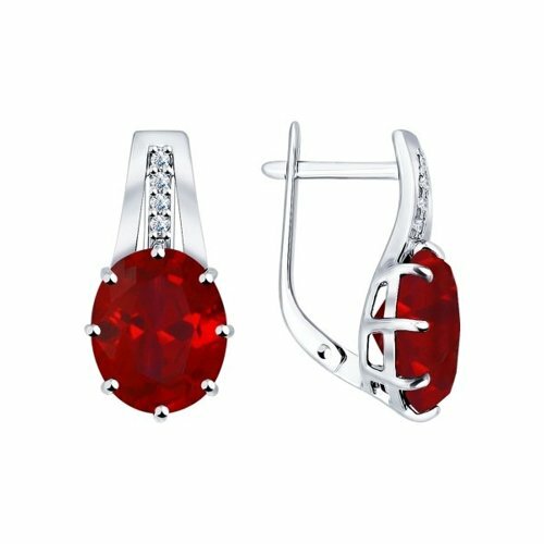 Серьги, серебро, 925 проба, родирование, рубин синтетический, фианит