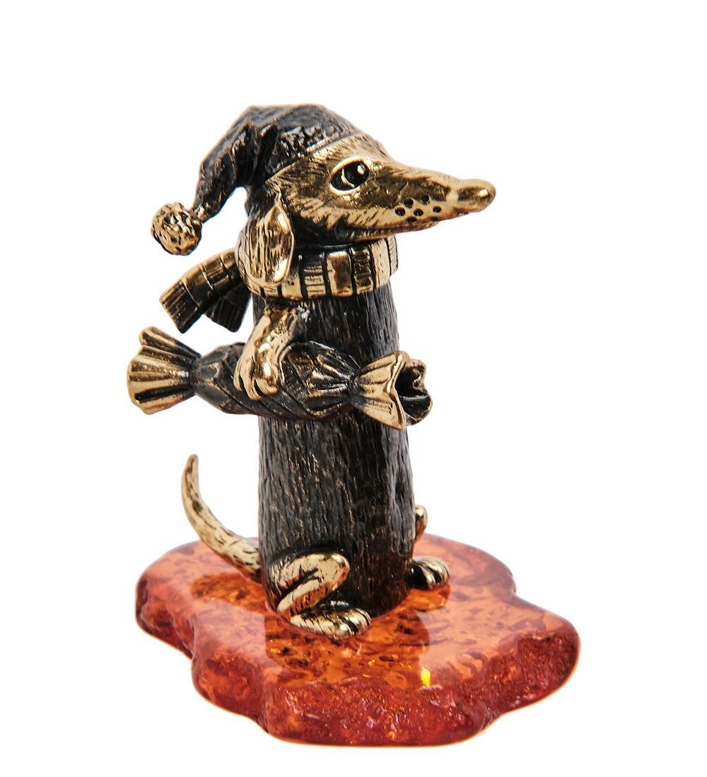 Фигурка Такса с конфеткой (латунь, янтарь) A2040096 Народные промыслы, бронзовый
