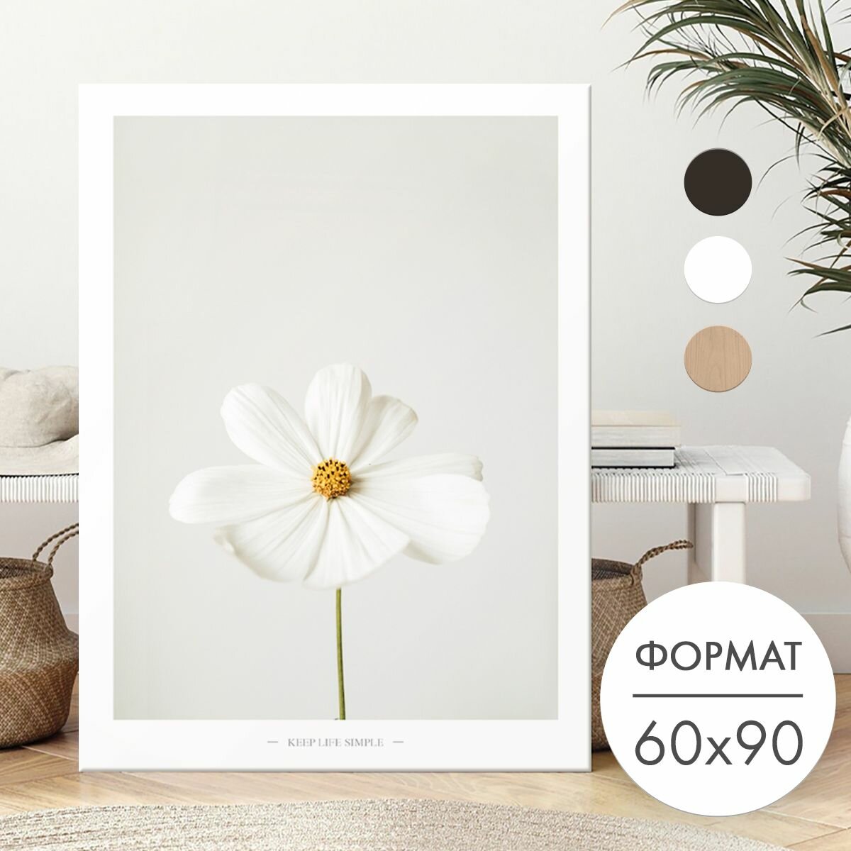 Постер 60х90 без рамки "Белый цветочек" для интерьера