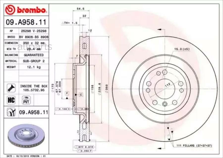 BREMBO 09. A958.11 Диск тормозной передний MB W166 /VENT D=350MM BREMBO 09. A958.11