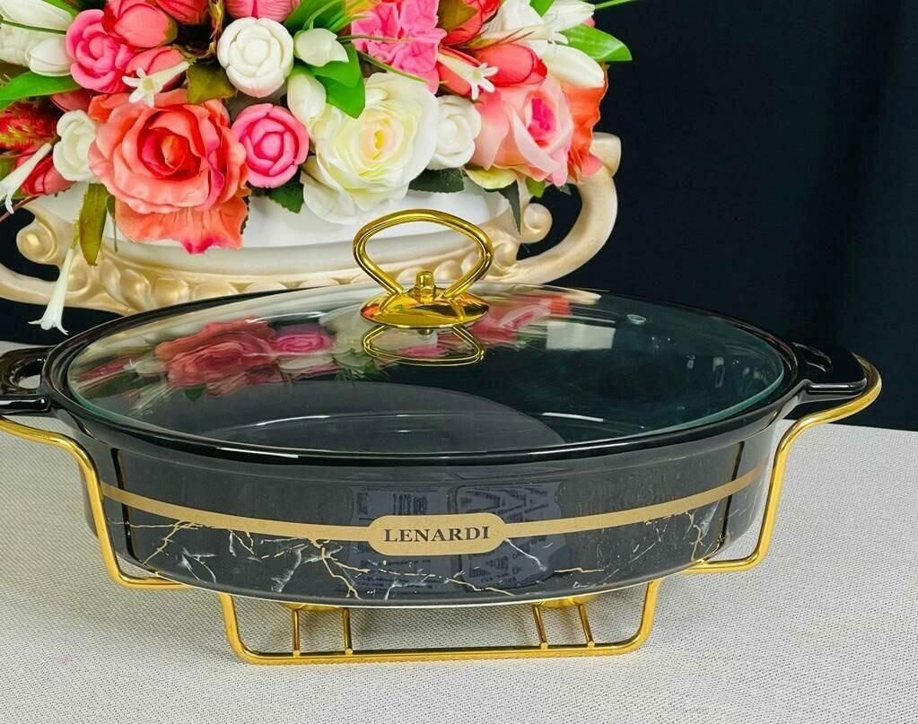 Овальный сервировочный мармит Lenardi 28см, с крышкой, на подставке, фарфор