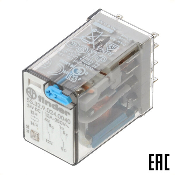 Реле промежуточное 55.32.9.024.0040 24В DC 10А 2перекл. контакта серия 55 Finder