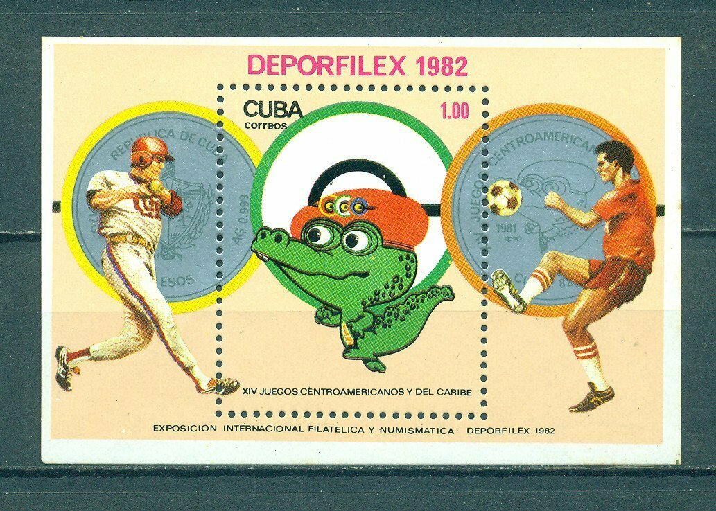 Почтовые марки Куба 1982г. "Международная выставка марок и монет DEPORFILEX 1982 - Гавана, Куба" Спорт, Бейсбол, Футбол, Филателистические выставки MNH