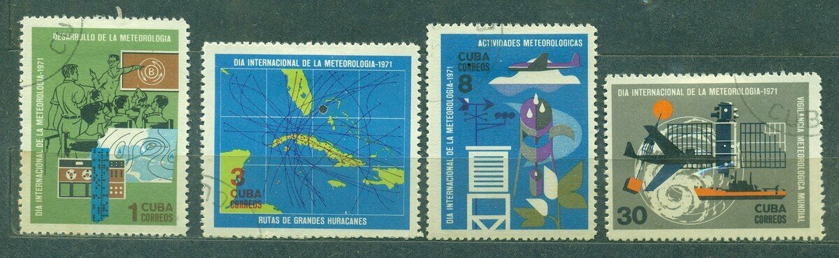 Почтовые марки Куба 1971г. "Всемирный метеорологический день" Корабли, Спутники, Карты, Наука и технология, Самолеты, Исследования, Метеорология U