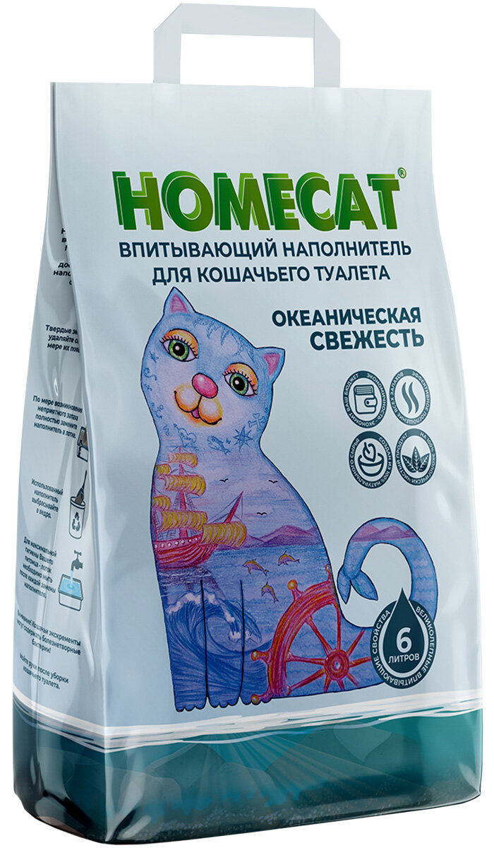 HOMECAT океаническая свежесть наполнитель впитывающий для туалета кошек (6 л)