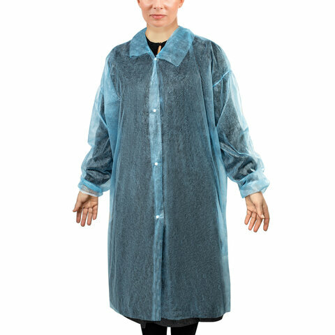 Халат одноразовый голубой на кнопках комплект 10 шт, XXL, 56-58 размер, 110 см, рукав на резинке, 20 г/м2, снаблайн