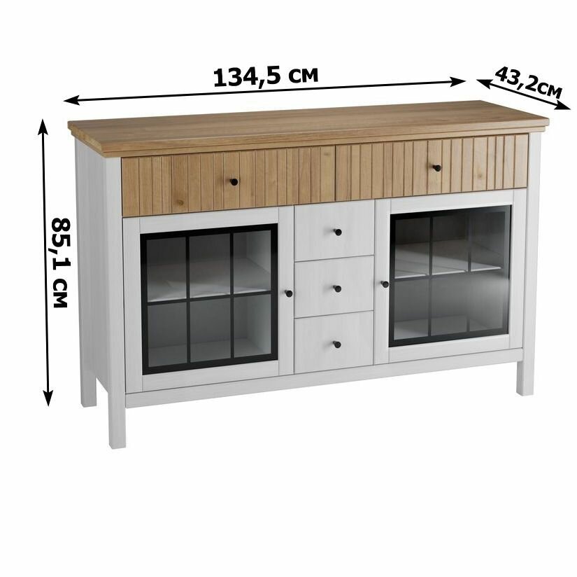 Комод из дерева стеклянные двери 232СТЧ цвет белый воск/антик 134,5х43,2х85,1 см