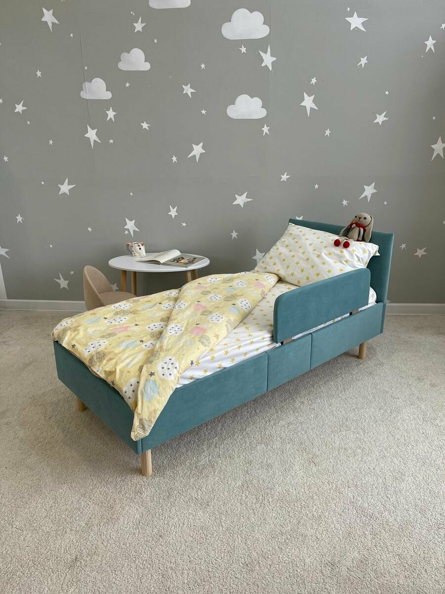 Кроватка 160х70 с Мягким Изголовьем Велюр от DIMDOMkids Бирюзовый