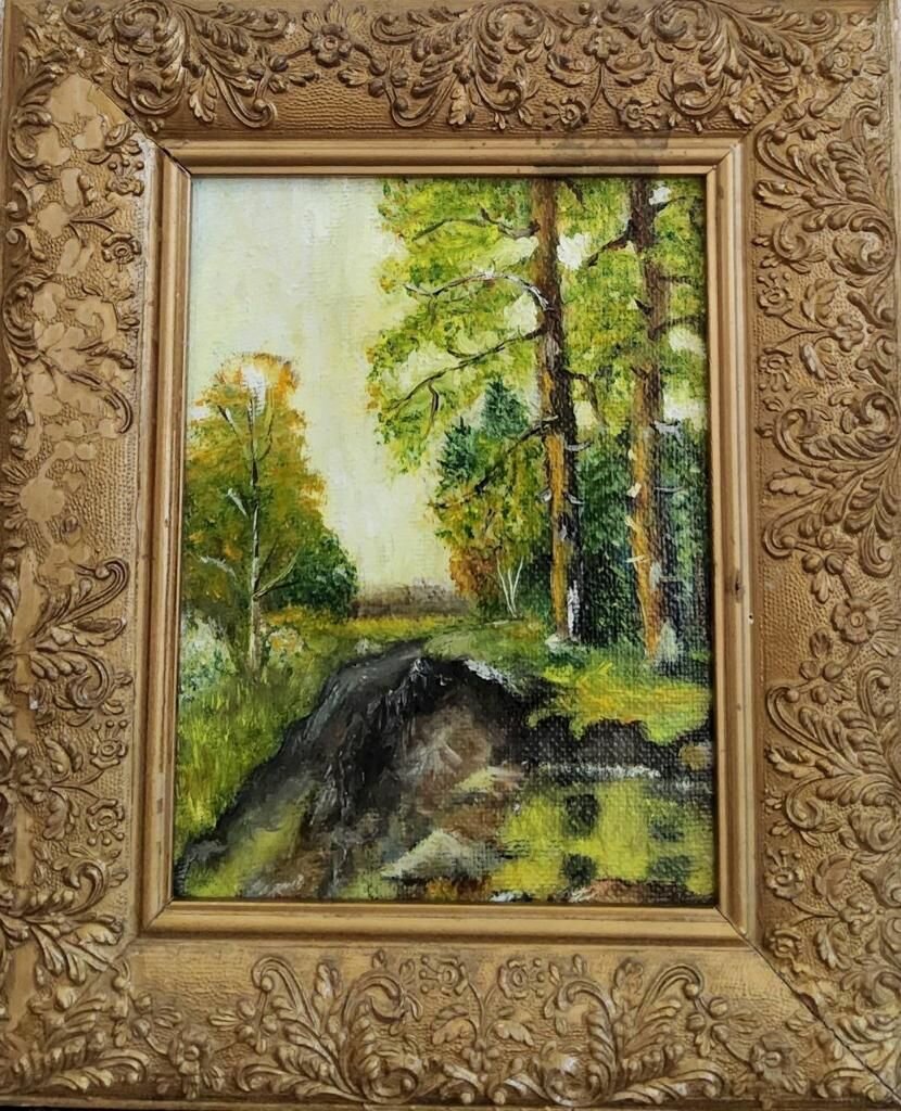 Картина в старинной раме. Миляева Нина "Сосны", холст, масло, 24x18. Авторская живопись.