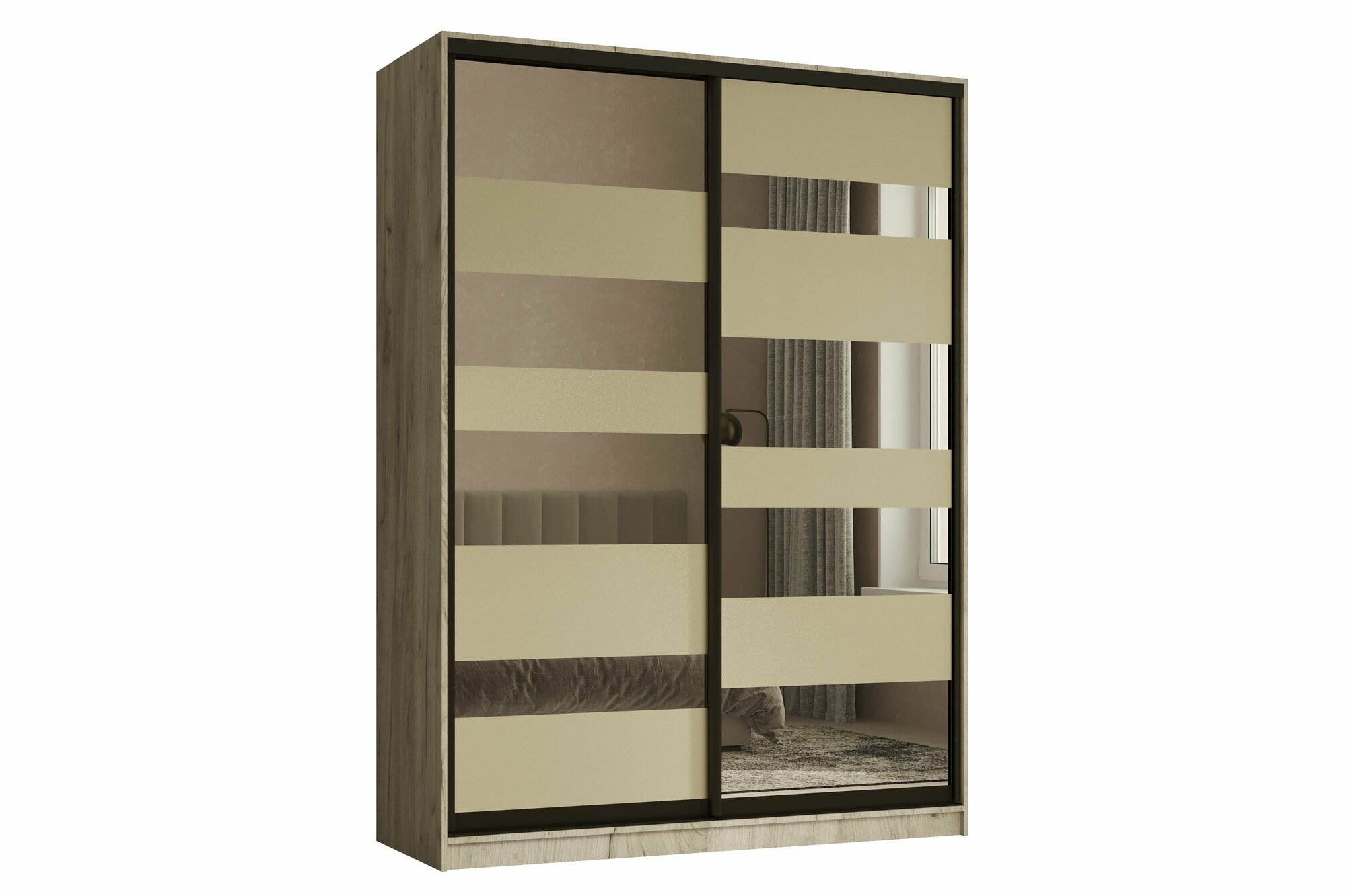 Шкаф купе, для одежды Дарден 2, Легкомаркет, с зеркалом бронза и пескоструйным рисунком, 80х60х220, платяной, дуб крафт серый профиль коньяк