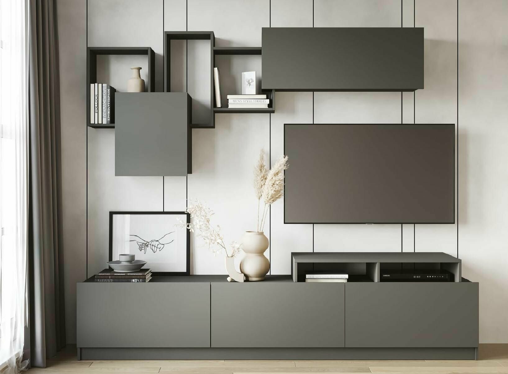 Стенка в гостиную "Мадера", со шкафом, цвет графит, 240x44,5x200 см