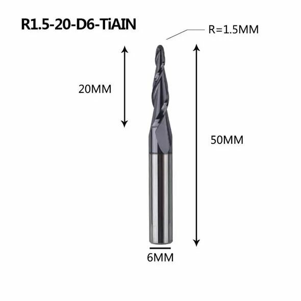 Dreanique конусная фреза по дереву (R1.5 L20 d6 покрытие TiAlN) P2BC-R1.5-20-H6 39827