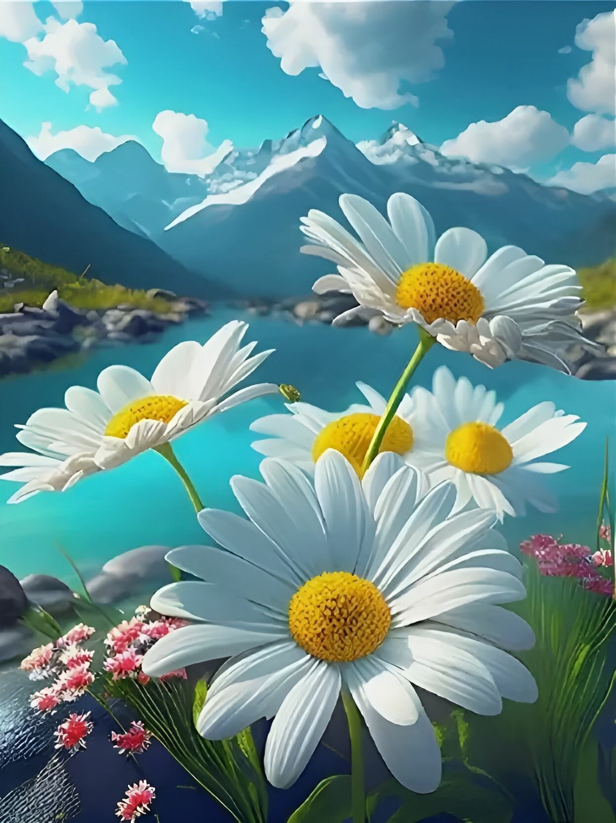 Картина по номерам 40*50 см "Ромашки на фоне гор"