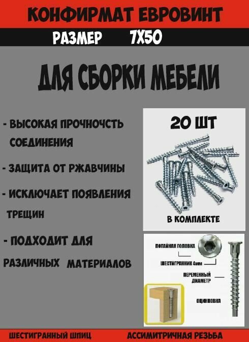 Конфирмат, евровинт для мебельной стяжки 7х50 мм 20 штук