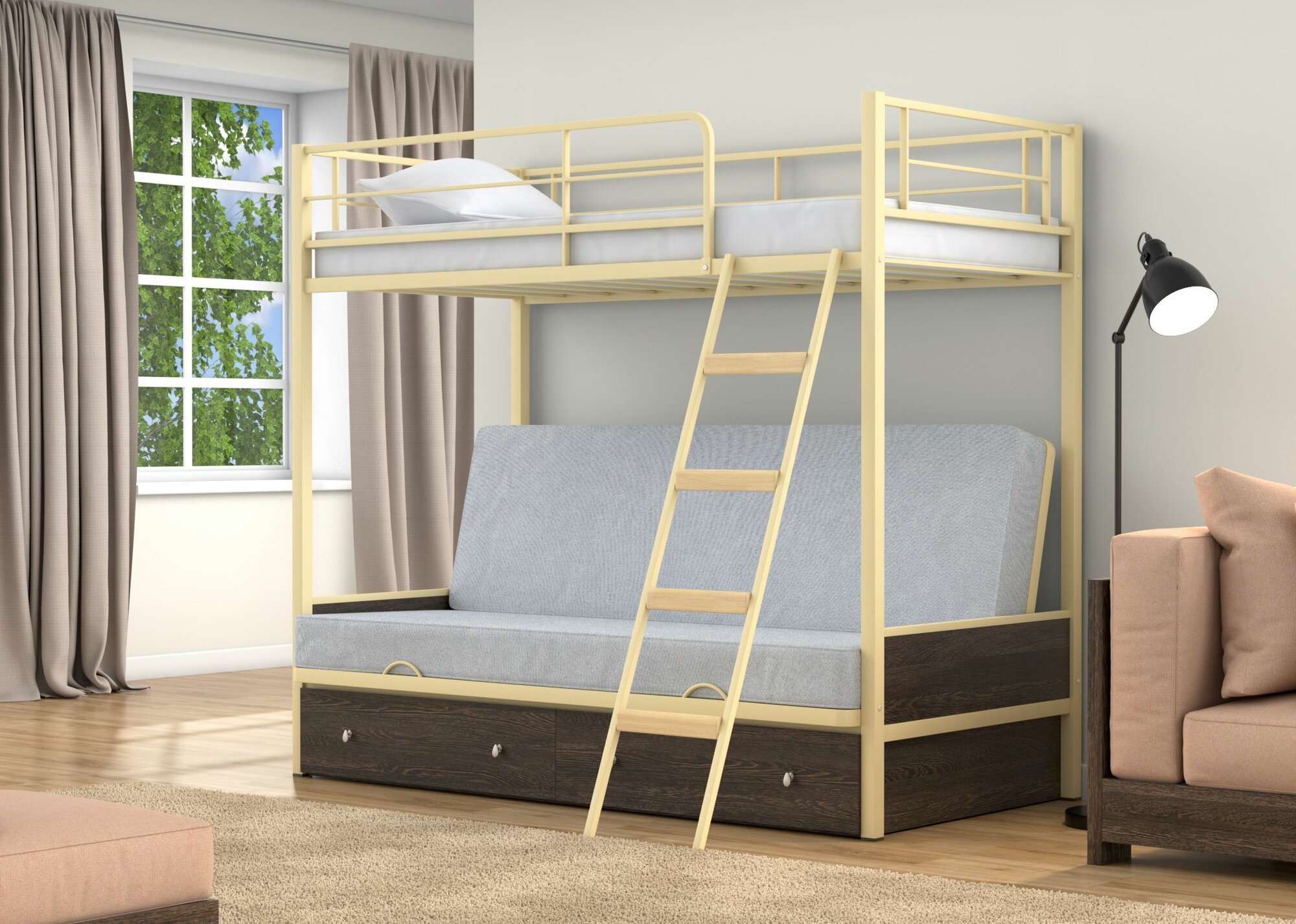 Двухъярусная кровать-диван Дакар 2 Слоновая кость ящики Венге