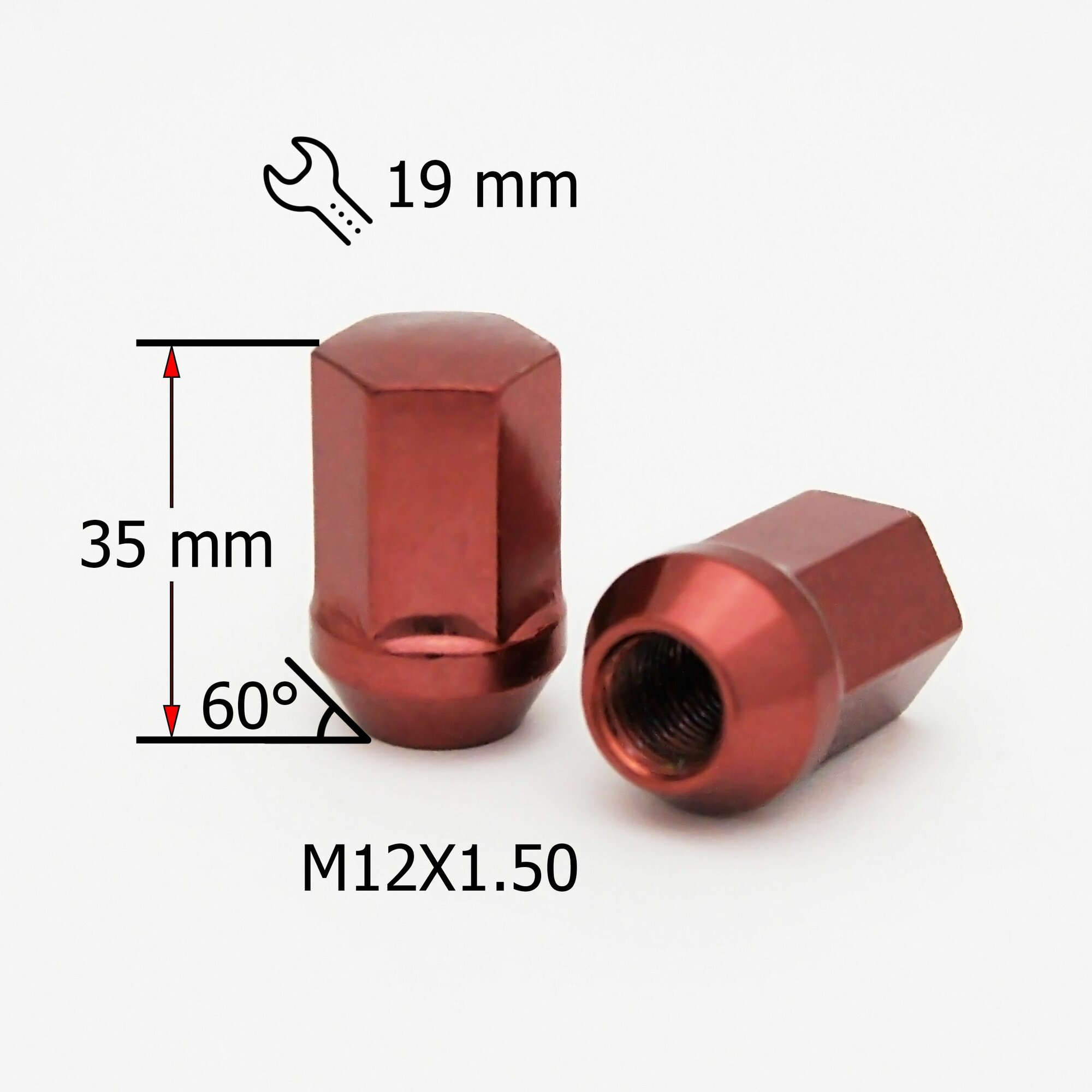 Гайка колесная M12х1,5 высота 35мм, Конус, закрытая, цельная, ключ 19мм, Красная
