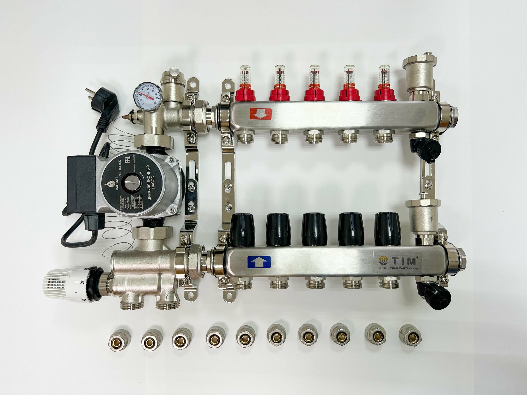 Комплект для водяного теплого пола: Коллектор 5 выхода с расходомерами + смесительный узел + циркуляционный насос 25-60 + евроконусы (до 70 кв. м)