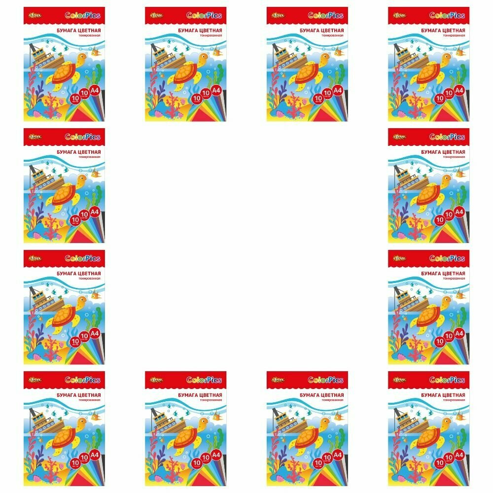 №1 School Бумага цветная тонированная в массе ColorPics А4, 10 листов, 10 цветов - 12 шт