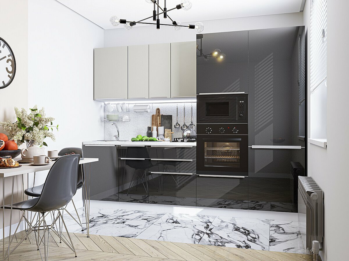 Кухня Фьюжн-07, цвет фасада Silky Light Grey/Anthracite, цвет каркаса Белый, 2140*2700*600 мм