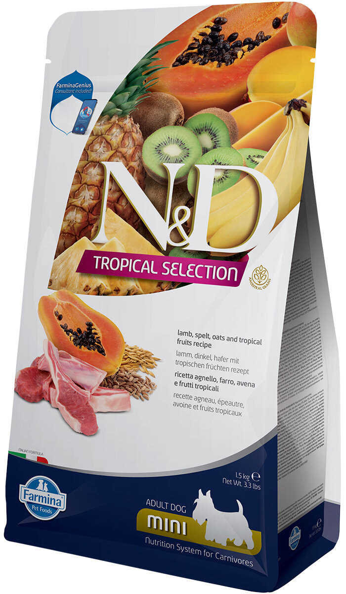 FARMINA DOG N&D TROPICAL ADULT MINI LAMB низкоз соб мален пор ягненок, спельта, овес, фрукты 1,5 кг