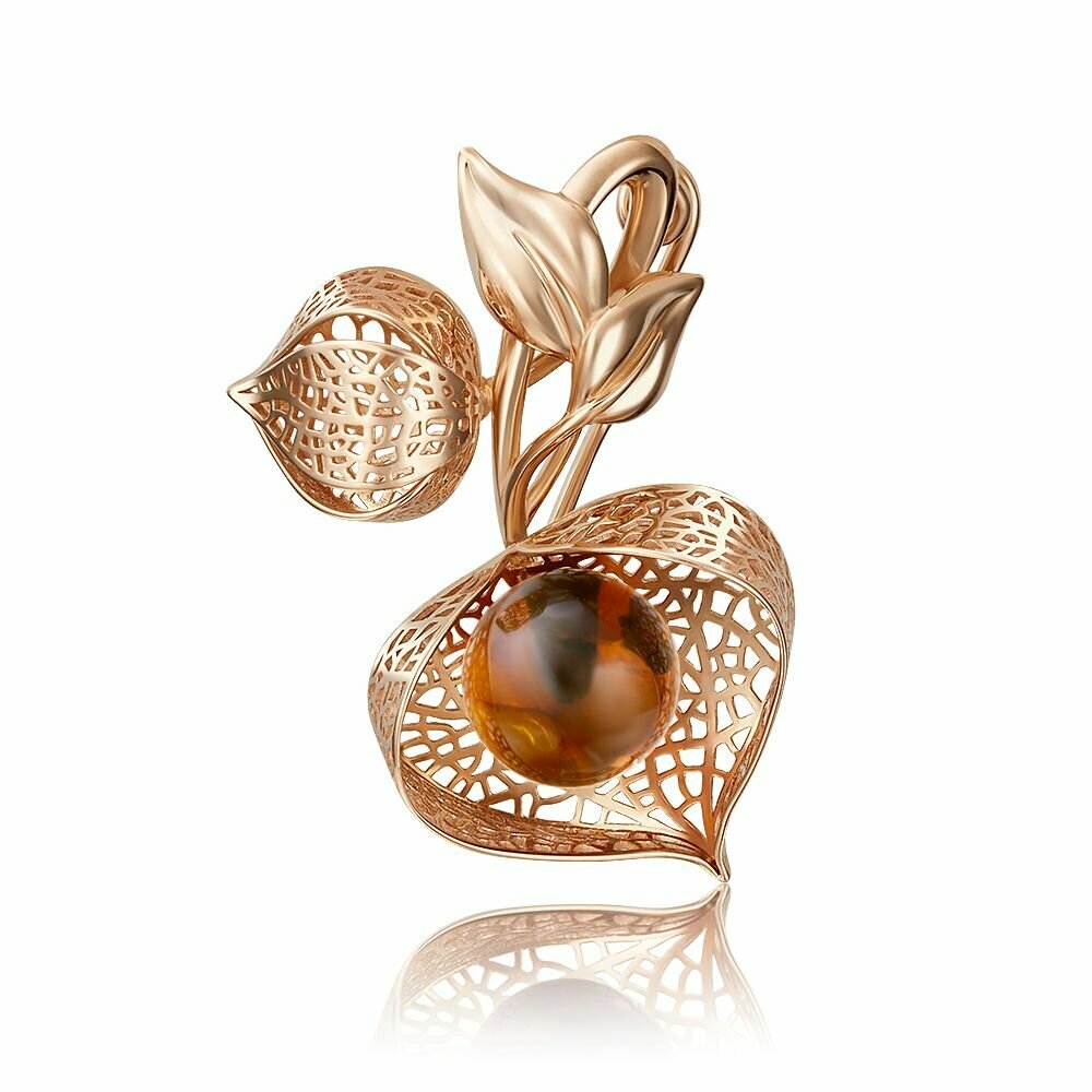 Брошь, красное золото, 585 проба, янтарь