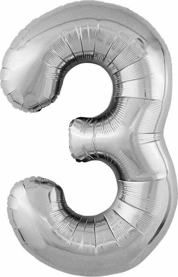 Шар (40'/102 см) Цифра, 3 Slim, Серебро, 1 шт. в упак.